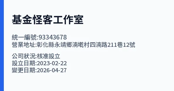 基金怪客工作室的照片-統編 93343678(彰化縣) 公司登記資料與營業項目詳細圖表