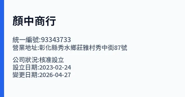 顏中商行的照片-統編 93343733(彰化縣) 公司登記資料與營業項目詳細圖表