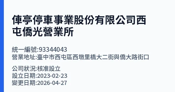 俥亭停車事業股份有限公司西屯僑光營業所的照片-統編 93344043(臺中市) 公司登記資料與營業項目詳細圖表