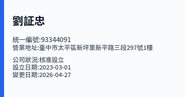劉証忠的照片-統編 93344091(臺中市) 公司登記資料與營業項目詳細圖表