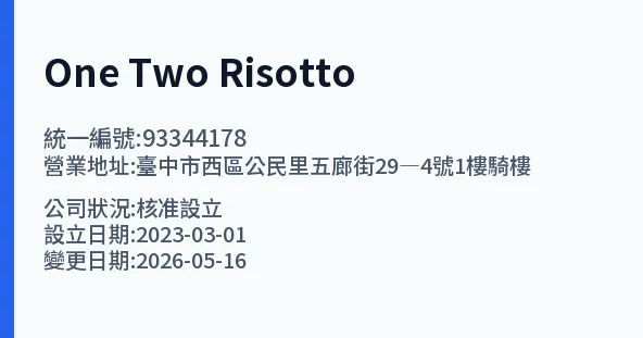 One Two Risotto的照片-統編 93344178(臺中市) 公司登記資料與營業項目詳細圖表