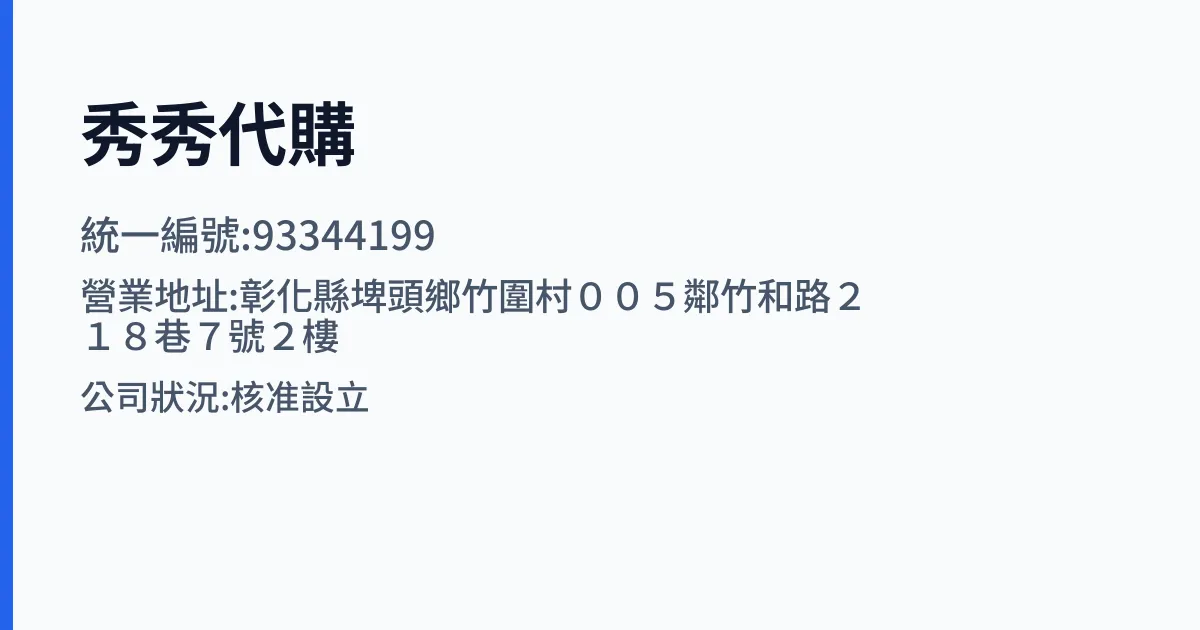秀秀代購 - 統編 93344199(彰化縣) 公司登記資料與營業項目詳細圖表