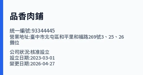 品香肉鋪的照片-統編 93344445(臺中市) 公司登記資料與營業項目詳細圖表