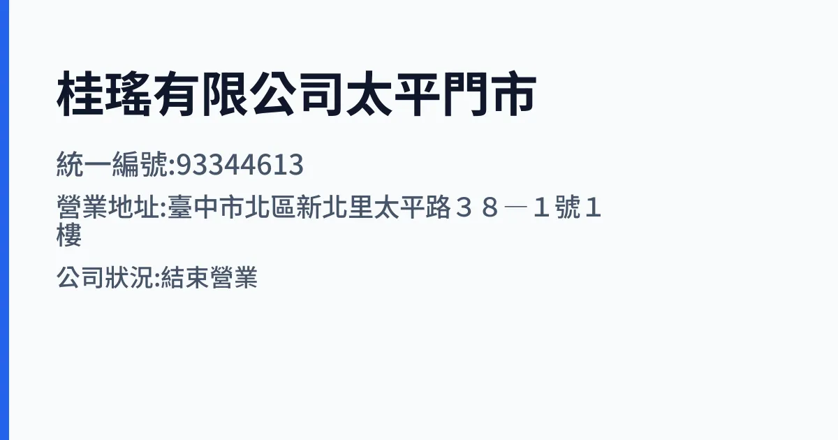 桂瑤有限公司太平門市 - 統編 93344613(臺中市) 公司登記資料與營業項目詳細圖表