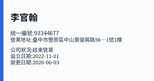 李官翰的照片-統編 93344677(臺中市) 公司登記資料與營業項目詳細圖表