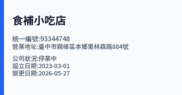 食補小吃店的照片-統編 93344748(臺中市) 公司登記資料與營業項目詳細圖表