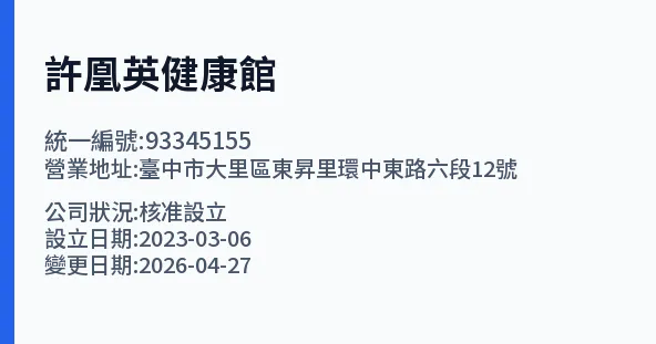 許凰英健康館的照片-統編 93345155(臺中市) 公司登記資料與營業項目詳細圖表