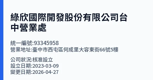 綠欣國際開發股份有限公司台中營業處的照片-統編 93345958(臺中市) 公司登記資料與營業項目詳細圖表