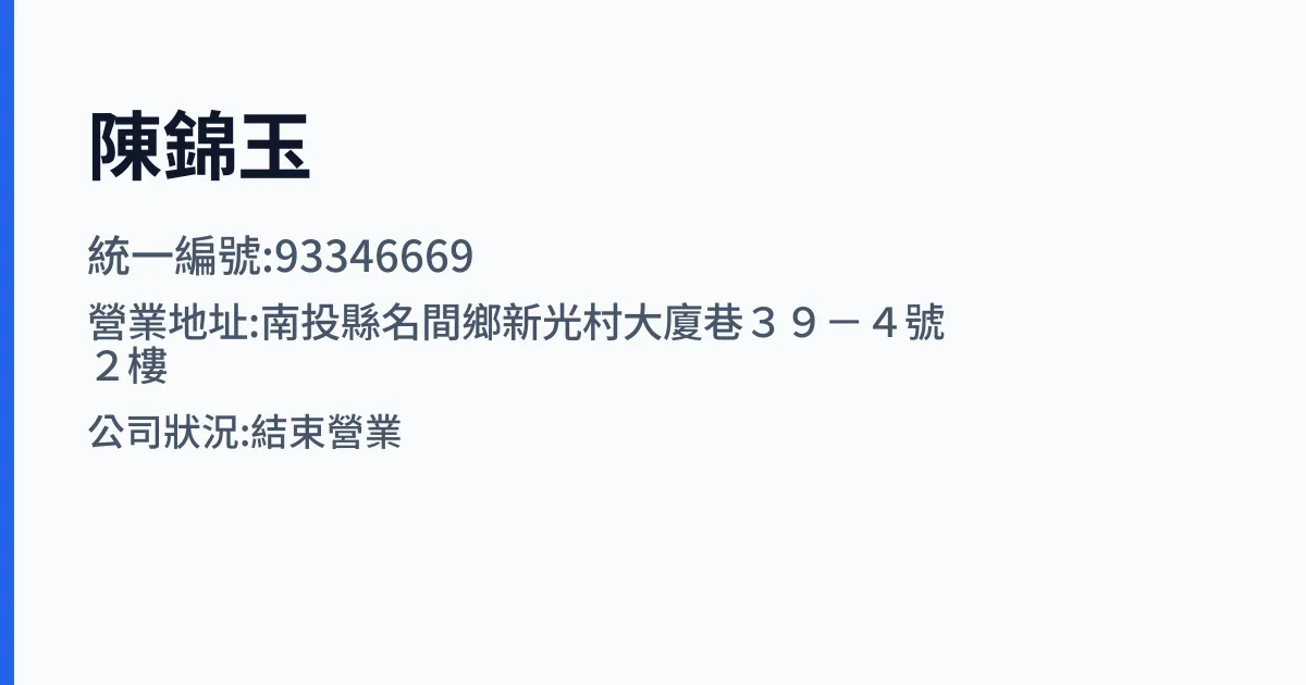 陳錦玉 - 統編 93346669(南投縣) 公司登記資料與營業項目詳細圖表