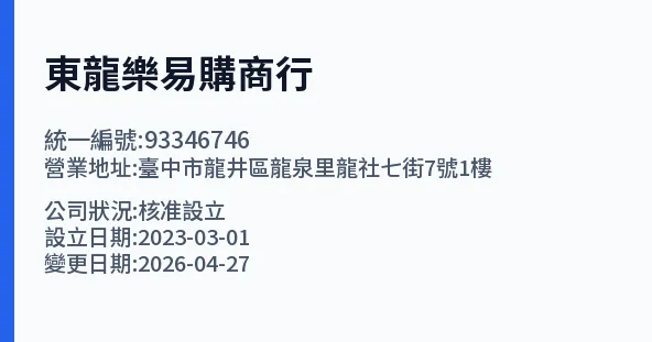 東龍樂易購商行的照片-統編 93346746(臺中市) 公司登記資料與營業項目詳細圖表