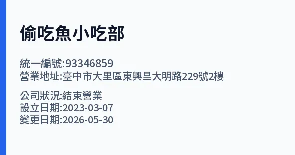 偷吃魚小吃部的照片-統編 93346859(臺中市) 公司登記資料與營業項目詳細圖表