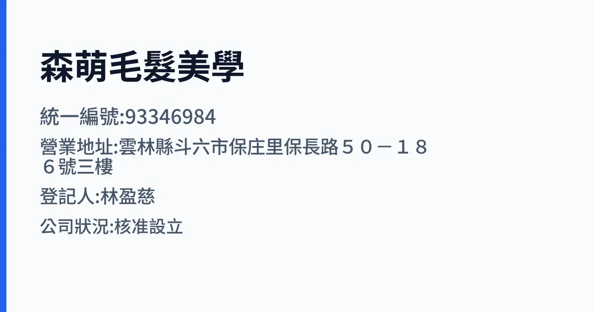 森萌毛髮美學 - 統編 93346984(雲林縣) 公司登記資料與營業項目詳細圖表