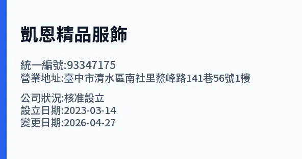 凱恩精品服飾的照片-統編 93347175(臺中市) 公司登記資料與營業項目詳細圖表