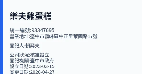 樂夫雞蛋糕的照片-統編 93347695(臺中市) 公司登記資料與營業項目詳細圖表