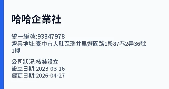 哈哈企業社的照片-統編 93347978(臺中市) 公司登記資料與營業項目詳細圖表