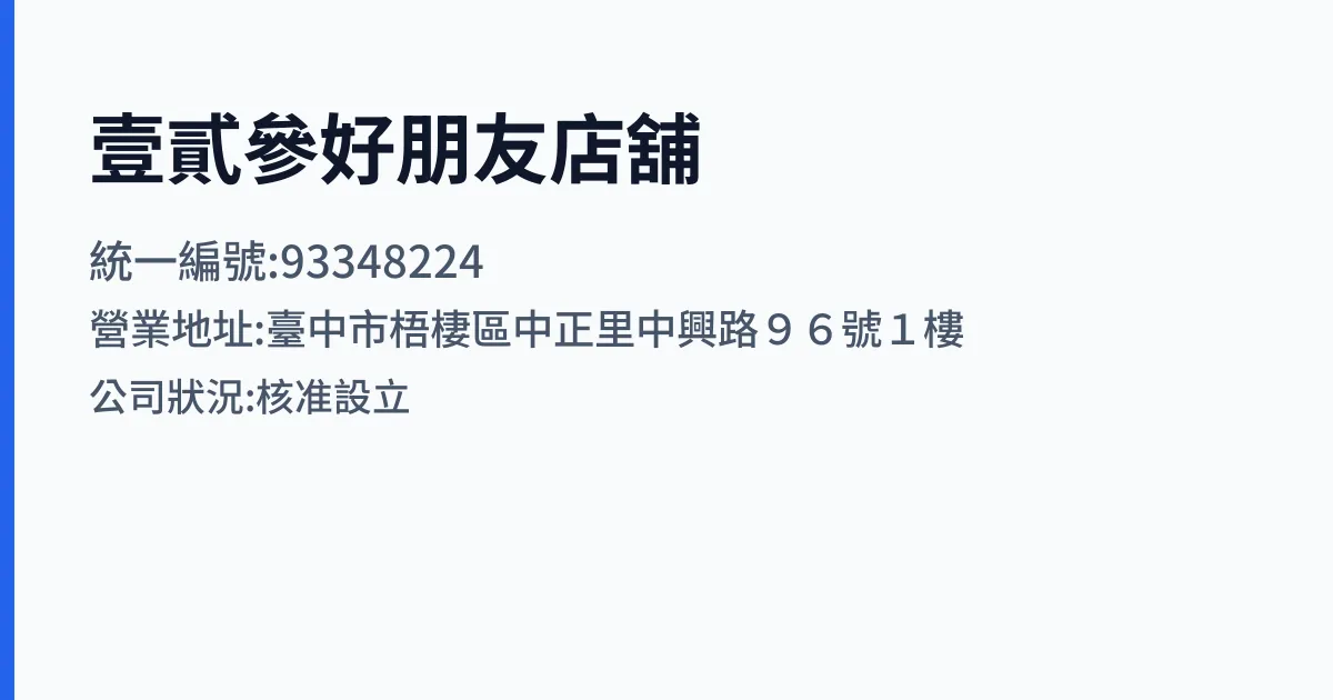 壹貳參好朋友店舖 - 統編 93348224(臺中市) 公司登記資料與營業項目詳細圖表