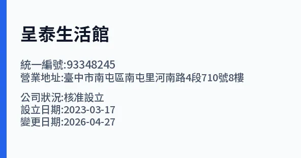 呈泰生活館的照片-統編 93348245(臺中市) 公司登記資料與營業項目詳細圖表