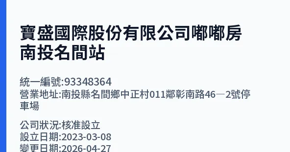 寶盛國際股份有限公司嘟嘟房南投名間站的照片-統編 93348364(南投縣) 公司登記資料與營業項目詳細圖表