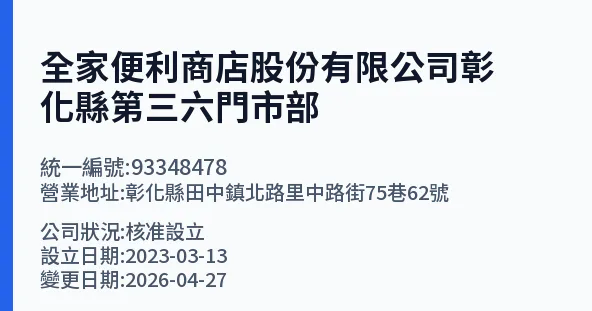 全家便利商店股份有限公司彰化縣第三六門市部的照片-統編 93348478(彰化縣) 公司登記資料與營業項目詳細圖表