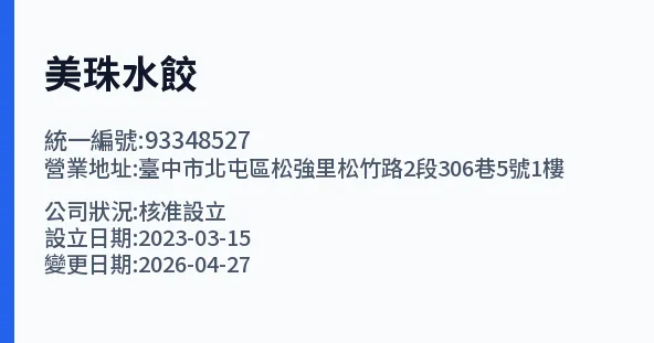 美珠水餃的照片-統編 93348527(臺中市) 公司登記資料與營業項目詳細圖表