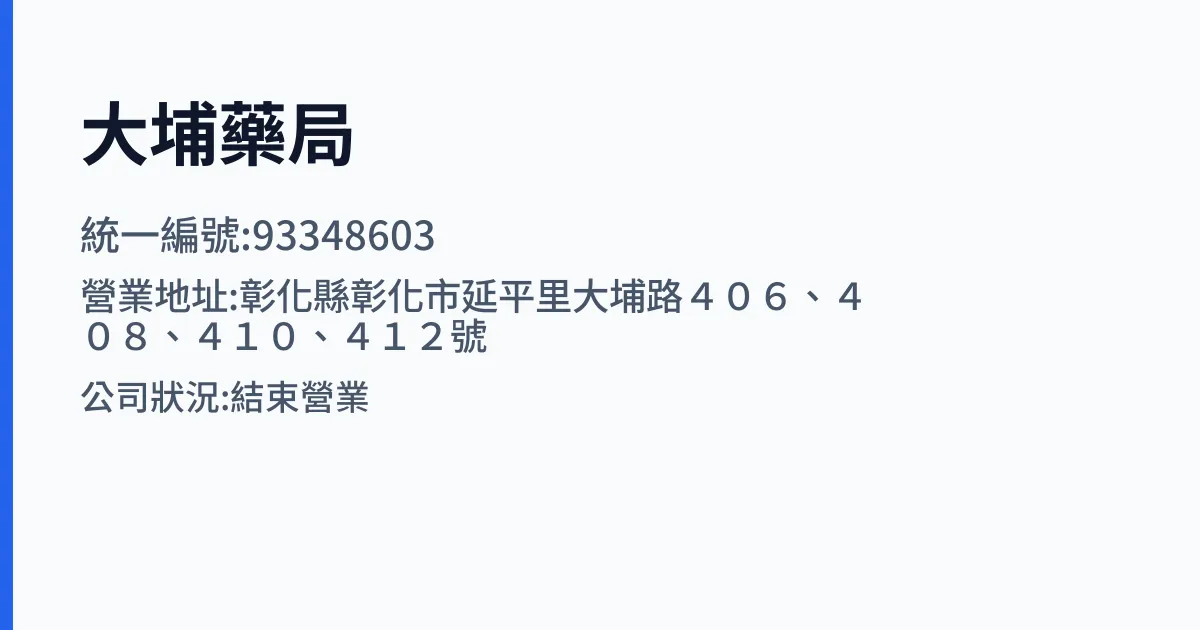 大埔藥局 - 統編 93348603(彰化縣) 公司登記資料與營業項目詳細圖表