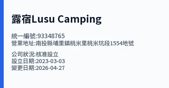 露宿Lusu Camping的照片-統編 93348765(南投縣) 公司登記資料與營業項目詳細圖表