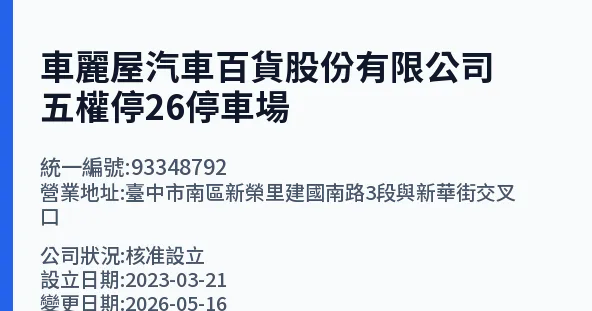 車麗屋汽車百貨股份有限公司五權停26停車場的照片-統編 93348792(臺中市) 公司登記資料與營業項目詳細圖表