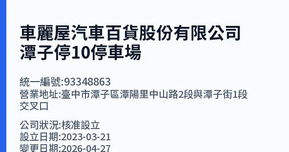 車麗屋汽車百貨股份有限公司潭子停10停車場的照片-統編 93348863(臺中市) 公司登記資料與營業項目詳細圖表