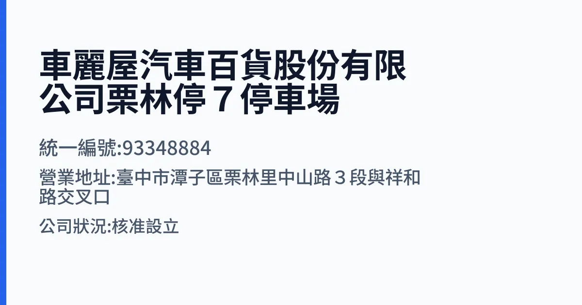 車麗屋汽車百貨股份有限公司栗林停７停車場 - 統編 93348884(臺中市) 公司登記資料與營業項目詳細圖表