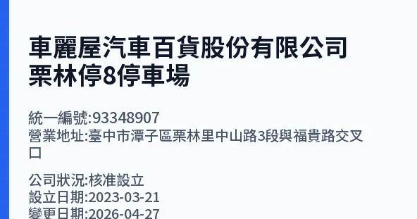 車麗屋汽車百貨股份有限公司栗林停8停車場的照片-統編 93348907(臺中市) 公司登記資料與營業項目詳細圖表