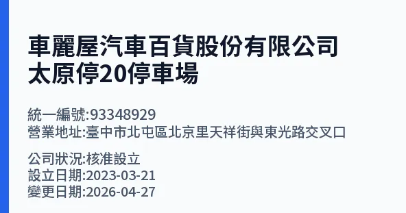 車麗屋汽車百貨股份有限公司太原停20停車場的照片-統編 93348929(臺中市) 公司登記資料與營業項目詳細圖表