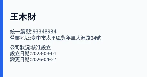 王木財的照片-統編 93348934(臺中市) 公司登記資料與營業項目詳細圖表