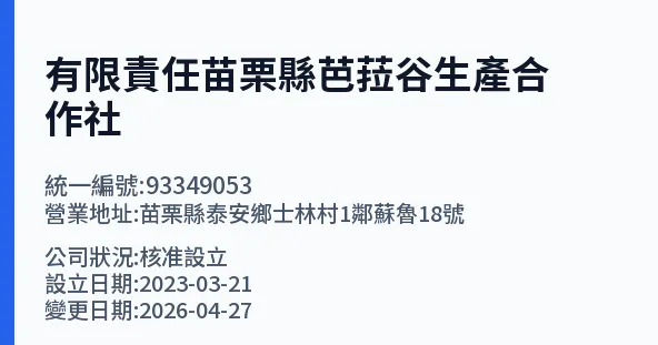 有限責任苗栗縣芭菈谷生產合作社的照片-統編 93349053(苗栗縣) 公司登記資料與營業項目詳細圖表