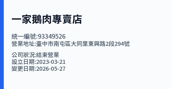一家鵝肉專賣店的照片-統編 93349526(臺中市) 公司登記資料與營業項目詳細圖表