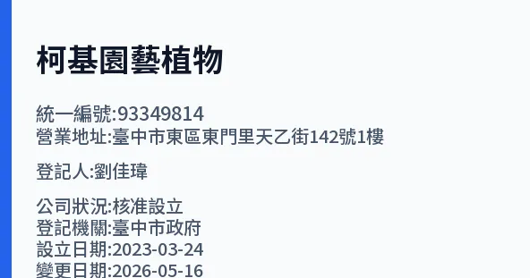 柯基園藝植物的照片-統編 93349814(臺中市) 公司登記資料與營業項目詳細圖表