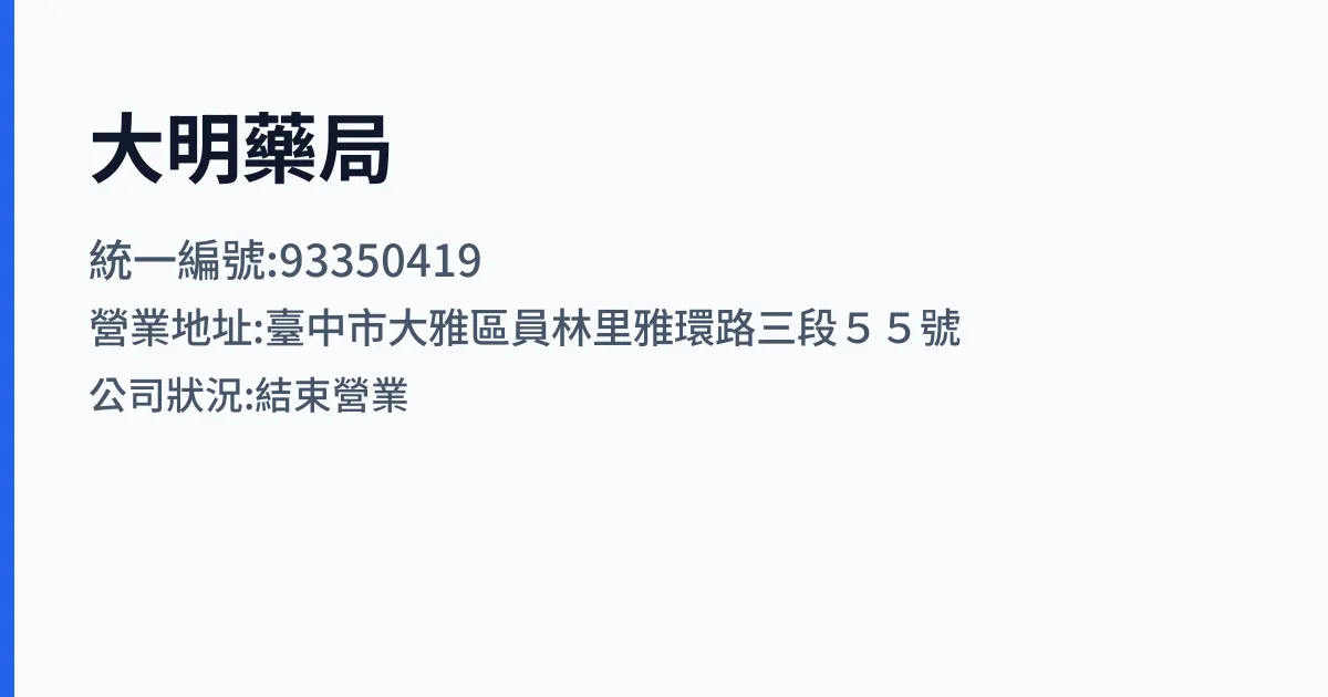 大明藥局 - 統編 93350419(臺中市) 公司登記資料與營業項目詳細圖表