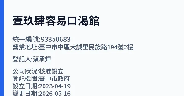 壹玖肆容易口渴館的照片-統編 93350683(臺中市) 公司登記資料與營業項目詳細圖表