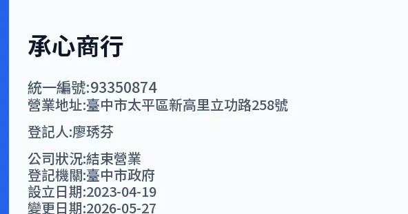 承心商行的照片-統編 93350874(臺中市) 公司登記資料與營業項目詳細圖表