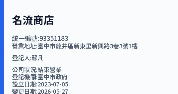 名流商店的照片-統編 93351183(臺中市) 公司登記資料與營業項目詳細圖表