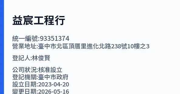 益宸工程行的照片-統編 93351374(臺中市) 公司登記資料與營業項目詳細圖表