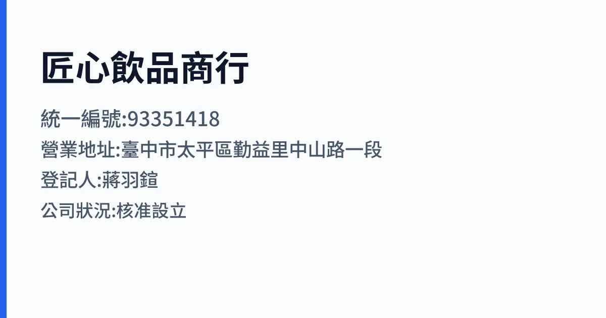 匠心飲品商行 - 統編 93351418(臺中市) 公司登記資料與營業項目詳細圖表