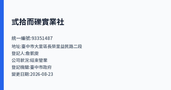弎拾而礫實業社的照片-統編 93351487(臺中市) 公司登記資料與營業項目詳細圖表