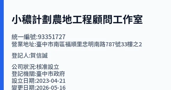 小穠計劃農地工程顧問工作室的照片-統編 93351727(臺中市) 公司登記資料與營業項目詳細圖表