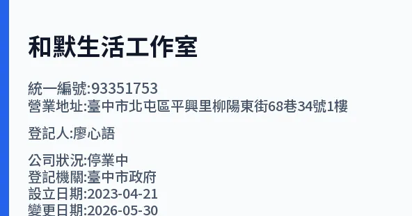 和默生活工作室的照片-統編 93351753(臺中市) 公司登記資料與營業項目詳細圖表