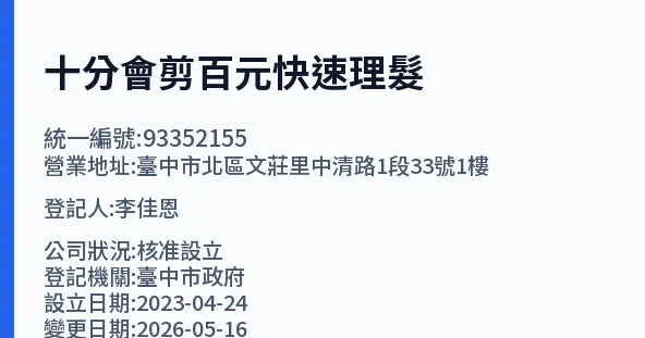 十分會剪百元快速理髮的照片-統編 93352155(臺中市) 公司登記資料與營業項目詳細圖表