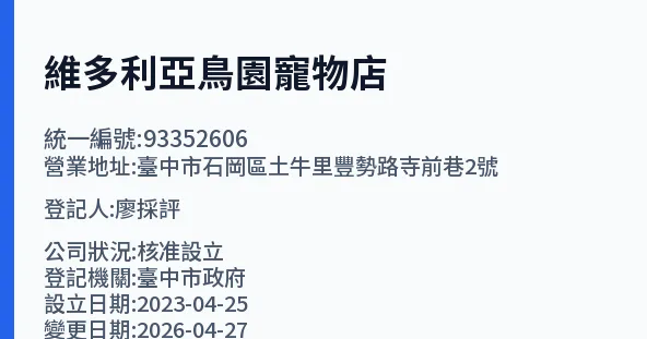 維多利亞鳥園寵物店的照片-統編 93352606(臺中市) 公司登記資料與營業項目詳細圖表