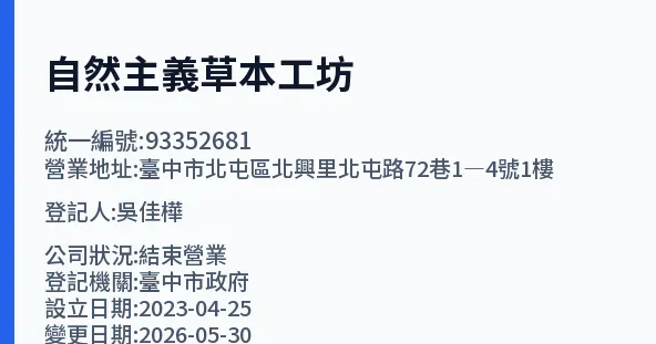 自然主義草本工坊的照片-統編 93352681(臺中市) 公司登記資料與營業項目詳細圖表