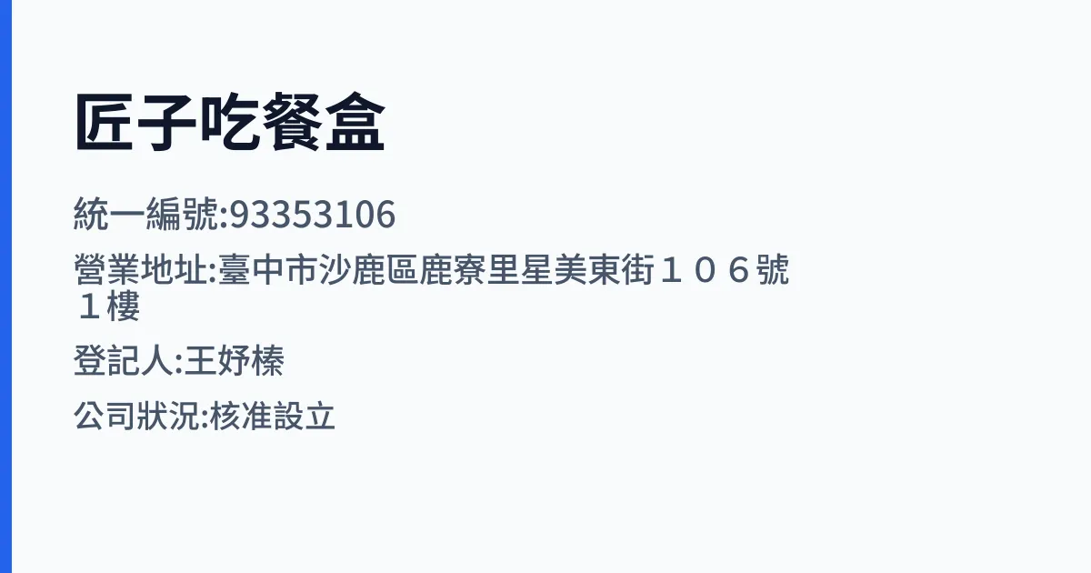 匠子吃餐盒 - 統編 93353106(臺中市) 公司登記資料與營業項目詳細圖表