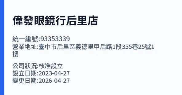 偉發眼鏡行后里店的照片-統編 93353339(臺中市) 公司登記資料與營業項目詳細圖表