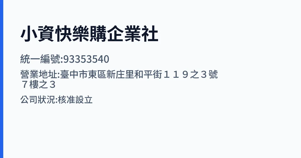 小資快樂購企業社 - 統編 93353540(臺中市) 公司登記資料與營業項目詳細圖表